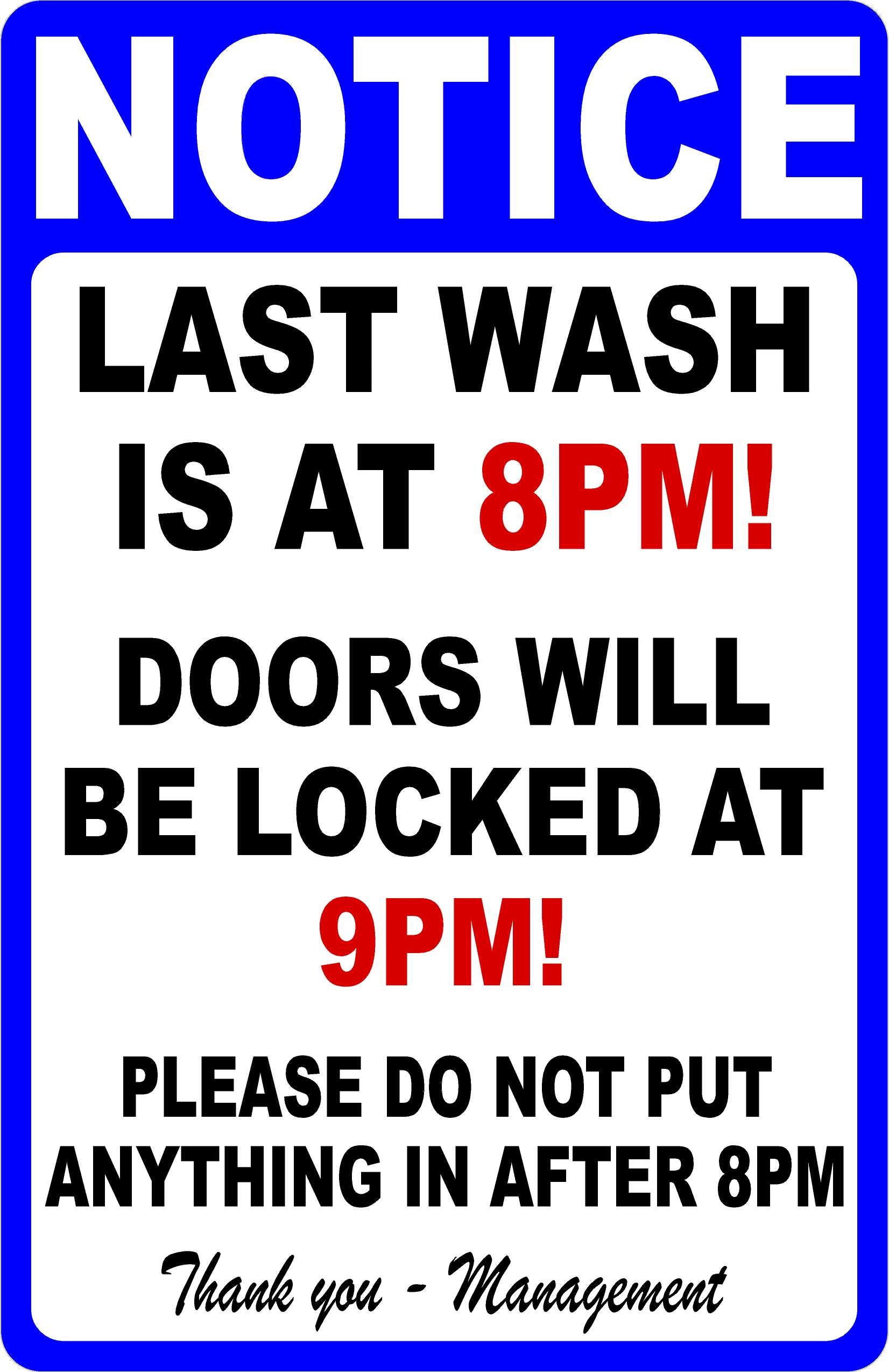 Notice Last Wash at 8PM Customizable Laundromat Decal. English or Span ...